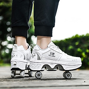2-in-1 Roller Skates Shoes with Retractable 4 Wheels & Pop-Out Deformation Sneakers Outdoor Sports Skating Shoes for Girls Boys