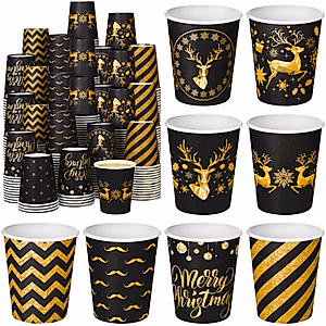 Roowest 144 Pcs Christmas Cups 9 oz Holiday Assorted Paper Cups Drinking Tea Disposable Christmas Coffee Cups for Hot and Cold Beverage Chocolate Xmas Party Supplies Daily Use, 9 Styles (Black Gold)