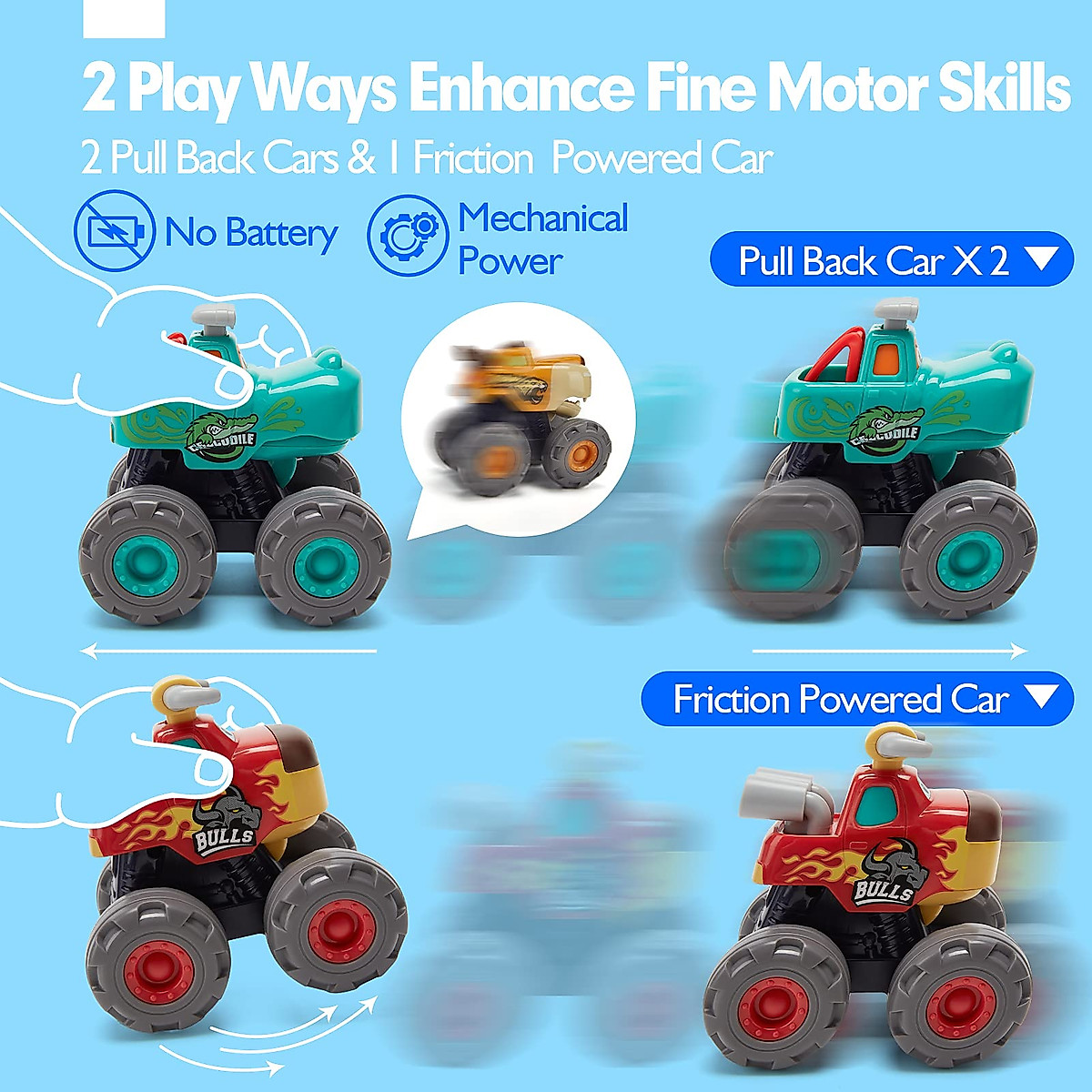 hahaland Toy Cars for 1-Year-Old Boy - Monster Truck Toy Friction Power Bull Cars for Babies Toddlers Boy Toys for Age 1-2 Pull Back Cars for Toddlers 1-3 Toys for 2 Year Old Boy