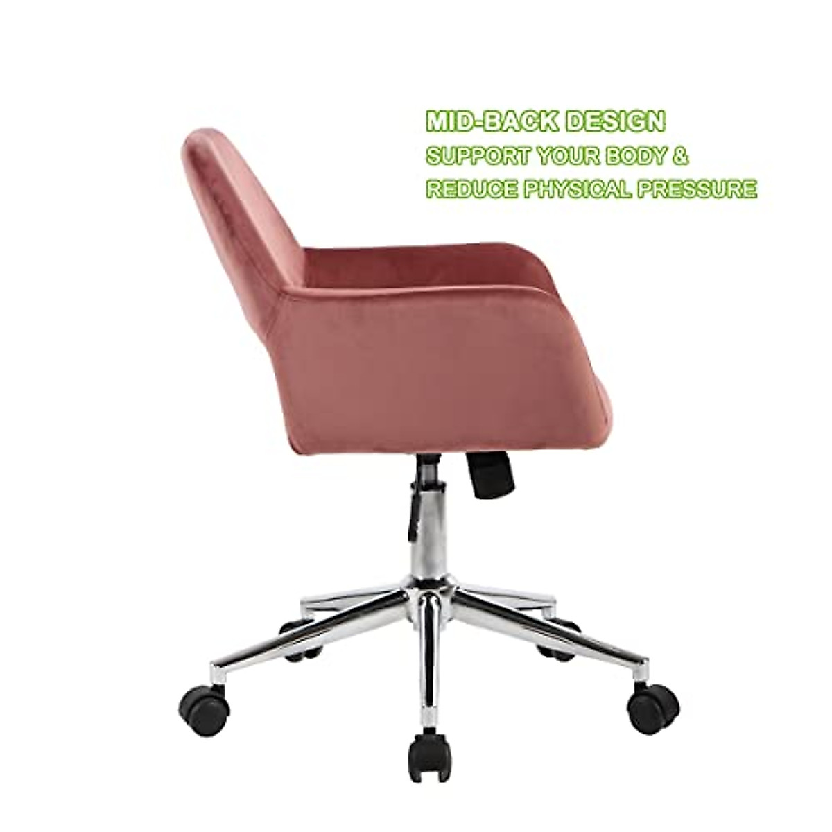 Geniqua Rose Pink Velvet Office Chair Swivel Task Chair Adjustable Mid Height Casters Rolling Computer Chair Modern for Home Office