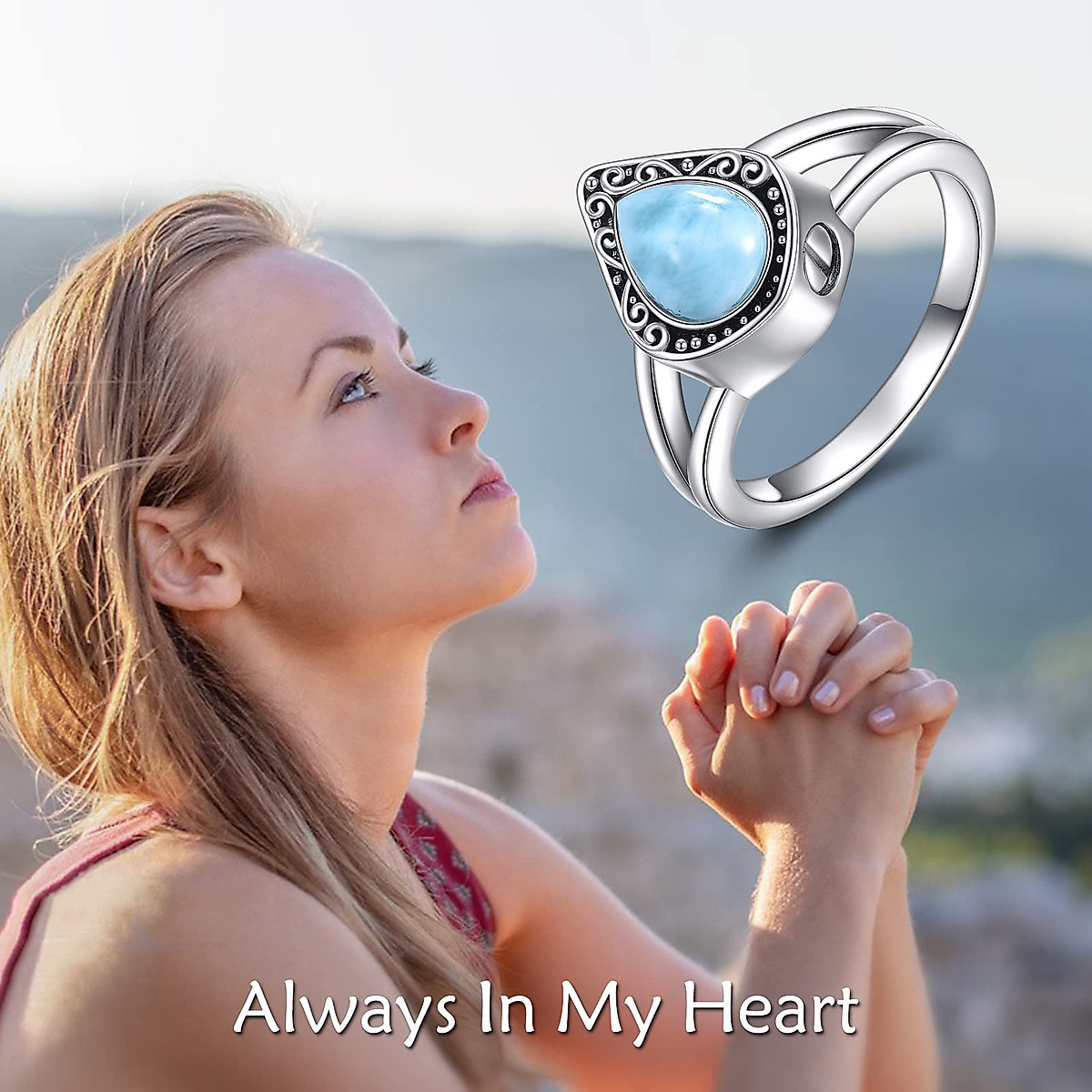 POPLYKE Urn Ring for Ashes Sterling Silver Larimar Filigree Cremation jewelry Rings For Ashes Of Loved Ones Memorial Keepsake (Larimar 8)