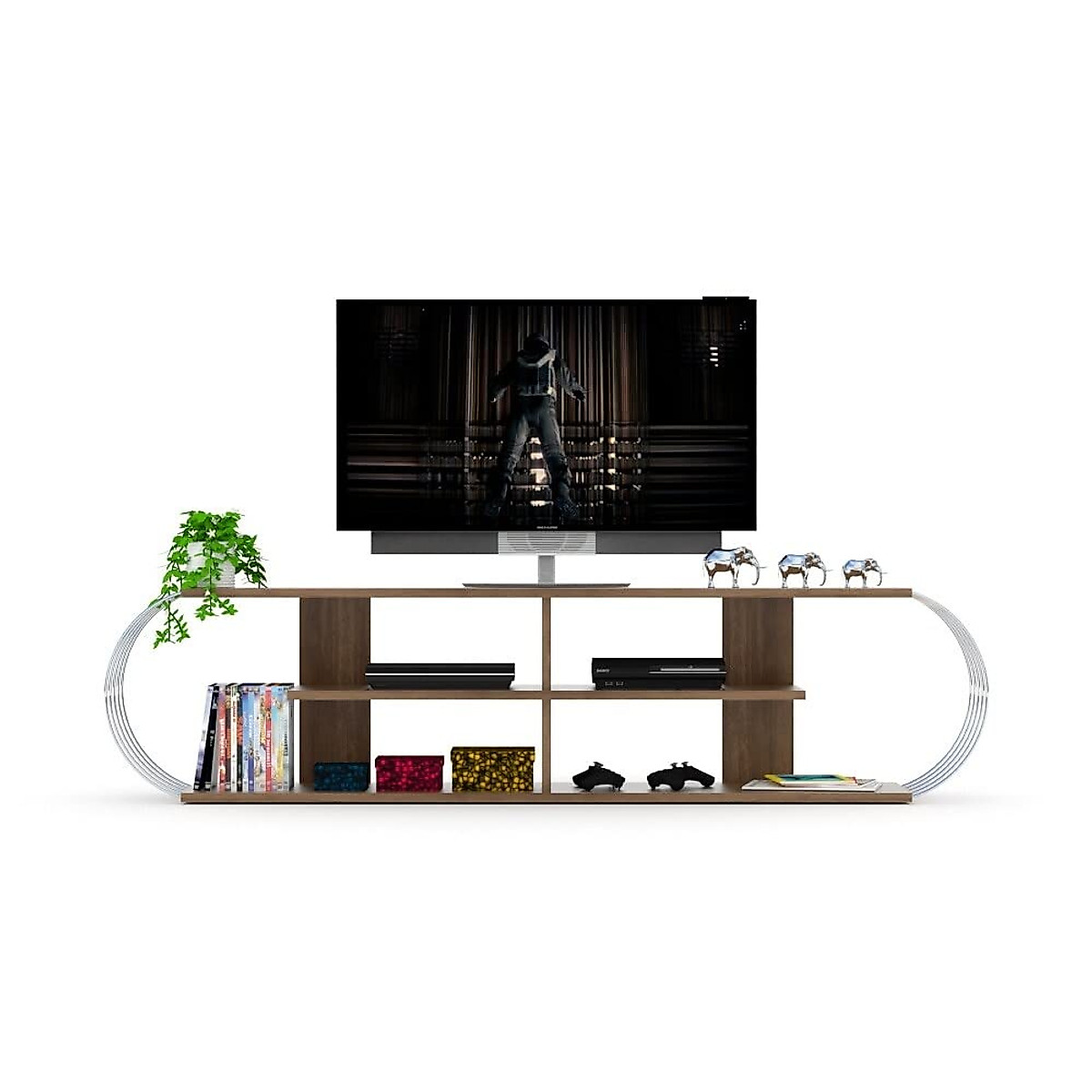 Casemiro Mid Century Modern Tv Stand 4 Shelves Open Storage Entertainment Centre 68 inch Tv Unit Walnut-Chrome