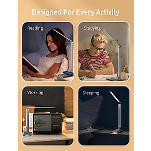 sympa Metal LED Desk Lamp, 12W Desktop Office Lamp, Reading Desk Light with 5V/2A USB Port, 5 Color Temperatures, 6 Brightness Levels, Touch Control for Dorm, Home Office, Bedroom, Living Room Grey