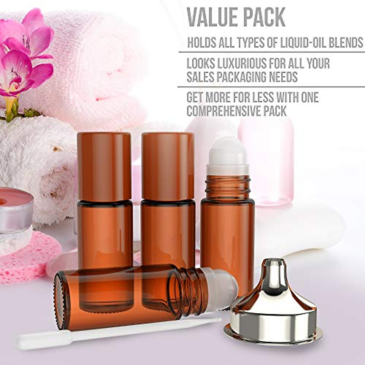 4 Pack Essential Oil Roller Bottles [Plastic Roller Ball] FREE Plastic Pippette and Funnel - Refillable Glass Color Roll On for Fragrance Essential Oil - 30ml 1 oz (ORANGE)