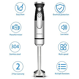 Amateys Handheld Immersion Blender,Infinitely Variable Speeds Hand Blender ,Multi-function Stainless Steel Handheld Stick Kitchen Blender with Whisk, Milk Frother，Detachable Smoothie Blender for Soup Puree Baby Food