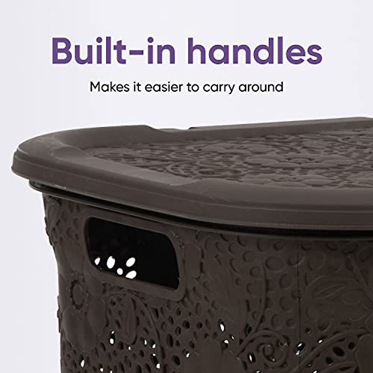 Superio Laundry Hamper with Lid Lace Design 50 Liter Brown, 2 Pack Laundry Hamper Basket with Cutout Handles, Rectangular Shape Modern Style Bin -Dirty Cloths Storage