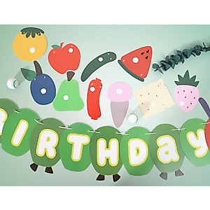 Hungry Caterpillar Happy Birthday Banner - Caterpillar Themed Birthday Party Decorations,Hungry Caterpillar Birthday Fruit Garland,Caterpillar Cake Smash Party Decor,First Birthday Photo Props