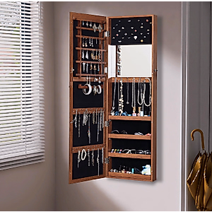 Brefhome Jewelry Armoir, Brown Wood Full Length Mirror Jewelry Cabinet with Storage, Necklace Organizer, Hanging Jewelry Holder Organizer Box