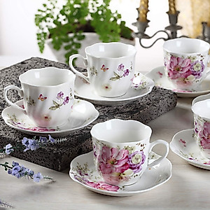GuangYang GY 12 PCS Tea Set - 7oz New Bone China tea Cups and Saucers with Pink Flower Pattern Porcelain Cups for Mocha Cappuccino Tea and coffee