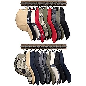 Mkono Hat Rack for Wall Wooden Baseball Caps Organizer with 20 Hooks Rustic Cowboy Hat Hanger Wall Mounted Hats Display Rack for Closet Bedroom Entryway, Set of 2, Brown