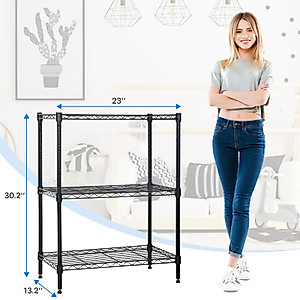 3 Tier Steel Wire Shelving,Adjustable Utility Metal Shelves for Storage,Storage Shelves Heavy Duty with Leveling Feet for Kitchen,Garage,Pantry,Clothset,100ps Per Shelf，Black,(23 x 13.2 x 30.2 inches)