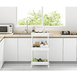 Sooyee 3-Tier Plastic Rolling Utility Cart with Wheels, Multi-Functional Storage Trolley for Office, Living Room, Kitchen, Movable Storage Organizer with Wheels, White