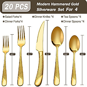 Runfly 20 Piece Hammered Gold Silverware Set, 18/10 Stainless Steel Golden Flatware Set, Modern Kitchen Utensil Set Service for 4, Tableware Set, Cutlery Set Including Fork Spoon and Knife