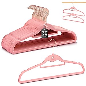 Velvet Hangers 30 Pack, STOPKLAS Pink Clothes Hangers Non Slip Felt Hangers with 360° Swivel Hook, Thin Hangers Space Saving, Heavy Duty Closet Hangers for Clothes, Coats, Suits, Dress, Pants
