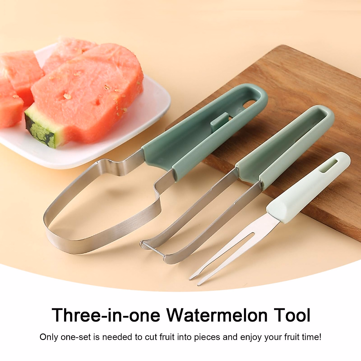 Watermelon Cutter Slicer，2024 New 3-in-1 Multi Functional Household Fruit Splitter Watermelon Fork Slicer Cutter, Melon Cutter Knife Portability Fruit Fork for Camping Kitchen Gadgets (light green)