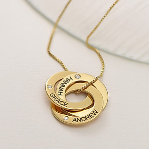 MYKA - Russian Ring Engraved Name Necklace with Diamonds Personalized 3 Circles Discs Inscription Customization Mother's Day Jewelry Gift… (18k Gold Plating)