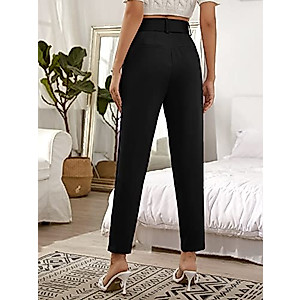 MakeMeChic Women's Casual High Waisted Belted Tapered Pants with Pockets Black M