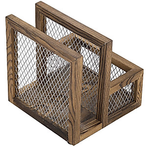 MyGift Rustic Burnt Solid Wood Farmhouse Napkin and Salt and Pepper Shaker Holder with Chicken Wire Side Panel Design, Kitchen Napkin Holder and Condiment Rack
