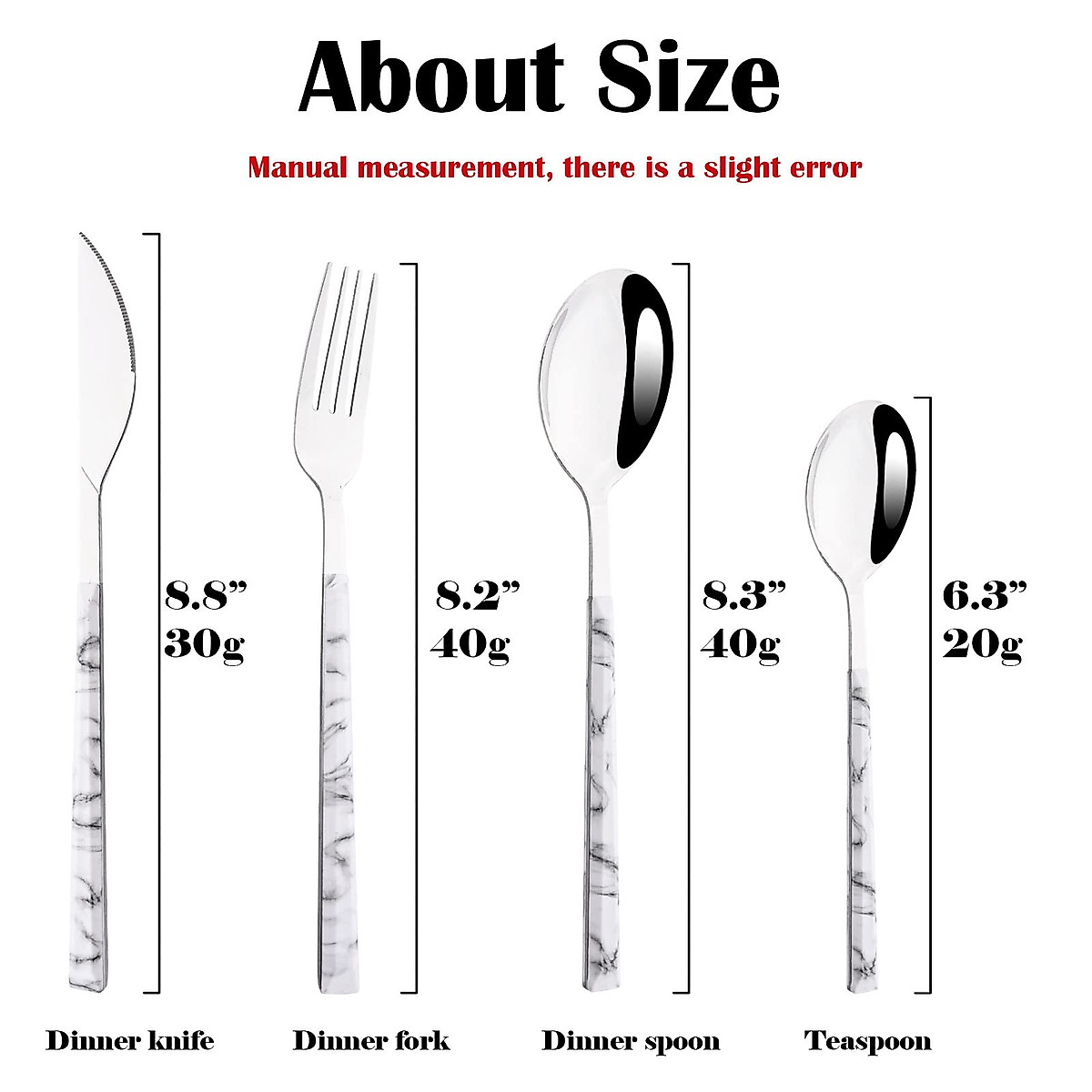 BRIIEC 24Pcs White Imitation Marble Pattern Handle Flatware Silverware Set, Stainless Steel Cutlery Set for 6, Square Handle Eating Utensils, Mirror Polished for Home Kitchen Bar Restaurant