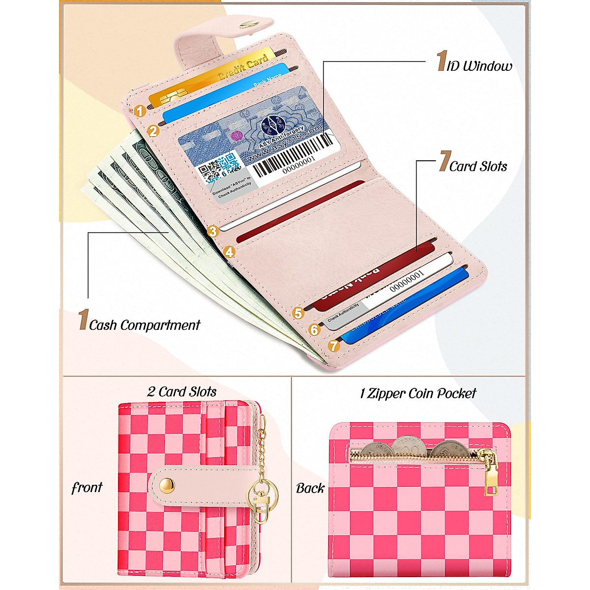 Bistup Wallet for Women Cute Bifold Small Card Wallet Rfid with Keychain for Ladies Teen Girls Female Medium Girly Aesthetic Thin Slim Checkered Plaid Unique Pretty Leather Credit Card Holder Purse