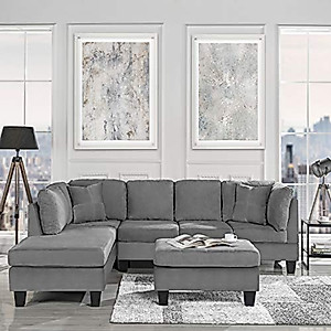 Casa Andrea Milano Modern 3 Piece Microfiber L Shaped Sectional Sofa with Reversible Chaise & Ottoman, Large, Grey