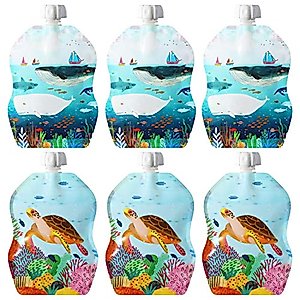 ChooMee Reusable Baby Food Storage Pouches, 8 oz | Ideal for Baby Food, Smoothies and Purees | Secure Double Lock Zipper, Wide Bottom, BPA Free | SnakPack Sealife 6 CT
