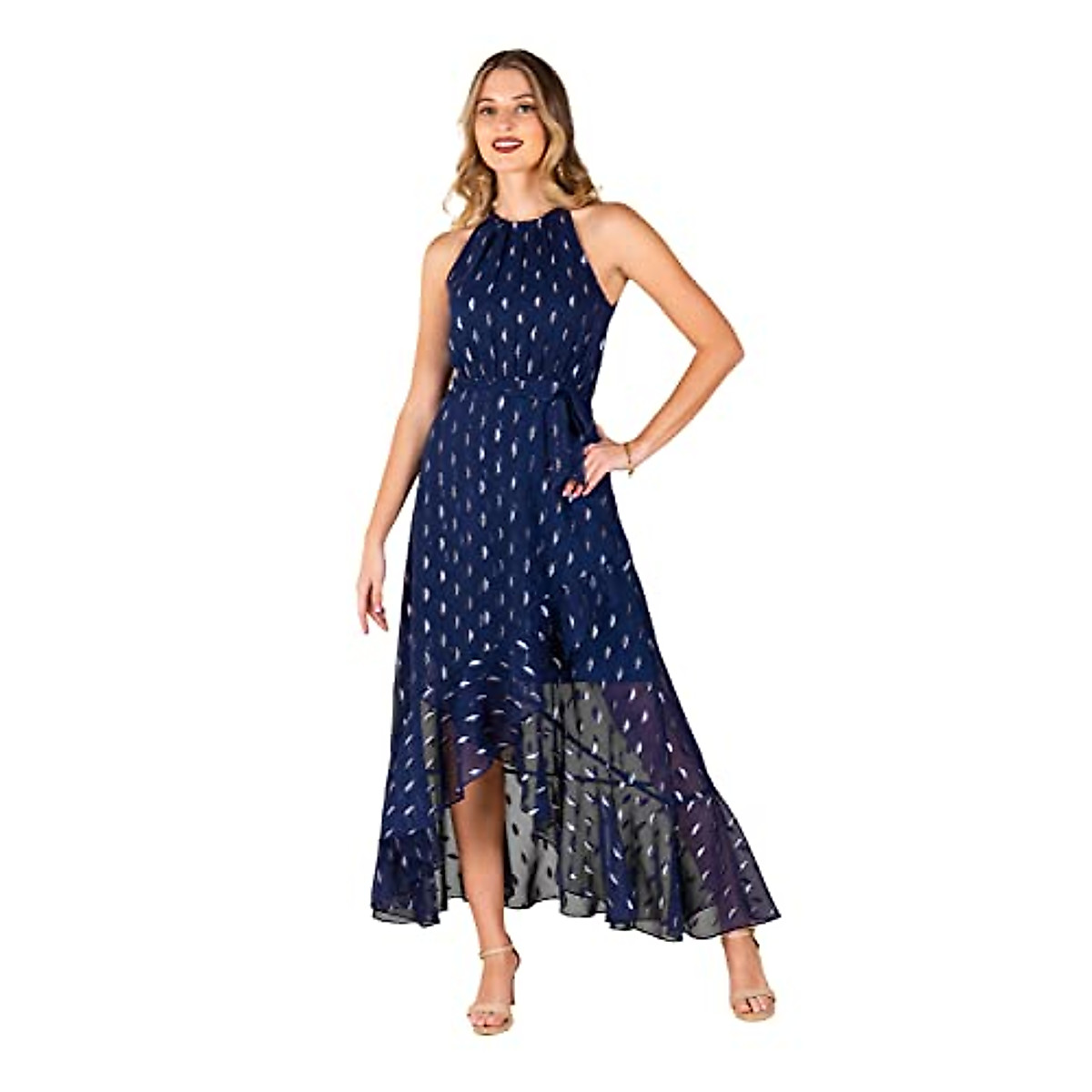 Rhysley Trendy Blue Halter Maxi Dress: Sleeveless Georgette Lurex for Wedding & Summer Parties