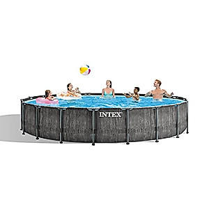 Intex Greywood Prism Frame 18' x 48" Round Above Ground Outdoor Swimming Pool Set with 1500 GPH Filter Pump, Ladder, Ground Cloth, and Pool Cover