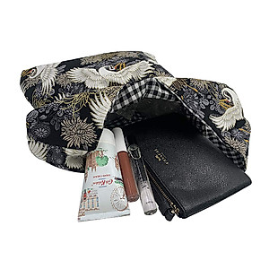 BAR Stylish Cotton Japanese Pattern Wrist Bag Sleeve Knot Pouch Portable Canvas Tote Purse for Female, Women (Black Grus Japonensis)