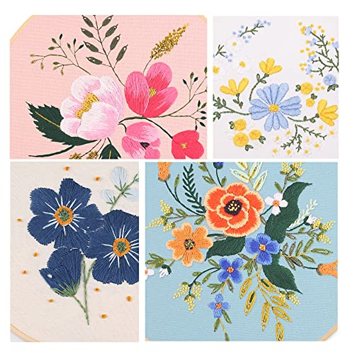 Myfelicity 4 Sets of Embroidery Starter Kits, Adult Women’s Hobbies, Including Cloth with Floral Patterns, Colored Threads, Needles, Hoops and Instructions