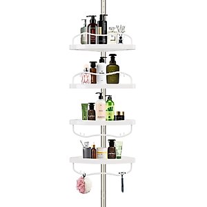 HOSKO Shower Caddy Tension Pole, 4-Tier Adjustable Tension Rod Shower Caddy Corner, Rustproof Shower Organizer Corner Shelf 54 to 114 Inch