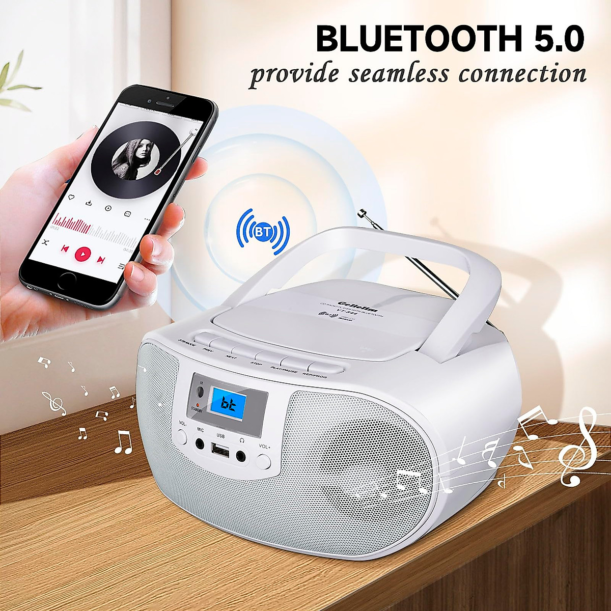 Gelielim CD Player Boombox, FM Radio with Bluetooth, Remote Control, Portable CD Player with Speakers, CD Players for Home with Headphone, Mic Jack Support CD-R/RW/MP3, USB, Gifts for Grandparent