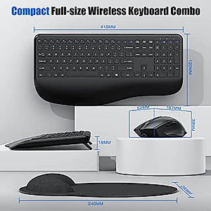 Ergonomic Wireless Keyboard and Mouse, 2.4G Rechargeable Full Size Keyboard Mouse Set with Wrist Support Mouse Pad , Multi-Device, Windows/Mac/Android(Black)