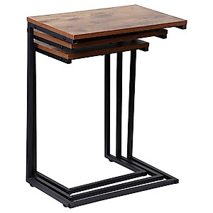 SUPER DEAL Nesting Side Tables Set of 3 Industrial C Shaped End Table Set Stackable Coffee Table Heavy Duty Metal Frame for Small Space, Living Room, Bedroom, Tray for Laptop Coffee Snack