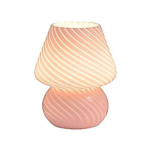TITA-DONG Mushroom Lamp Glass Table Lamp Vintage Style Translucent Striped Night Light Dimmable Bedside Lamp with 3 Color Modes and Remote Small Cute USB Night Light for Bedroom(Pink)