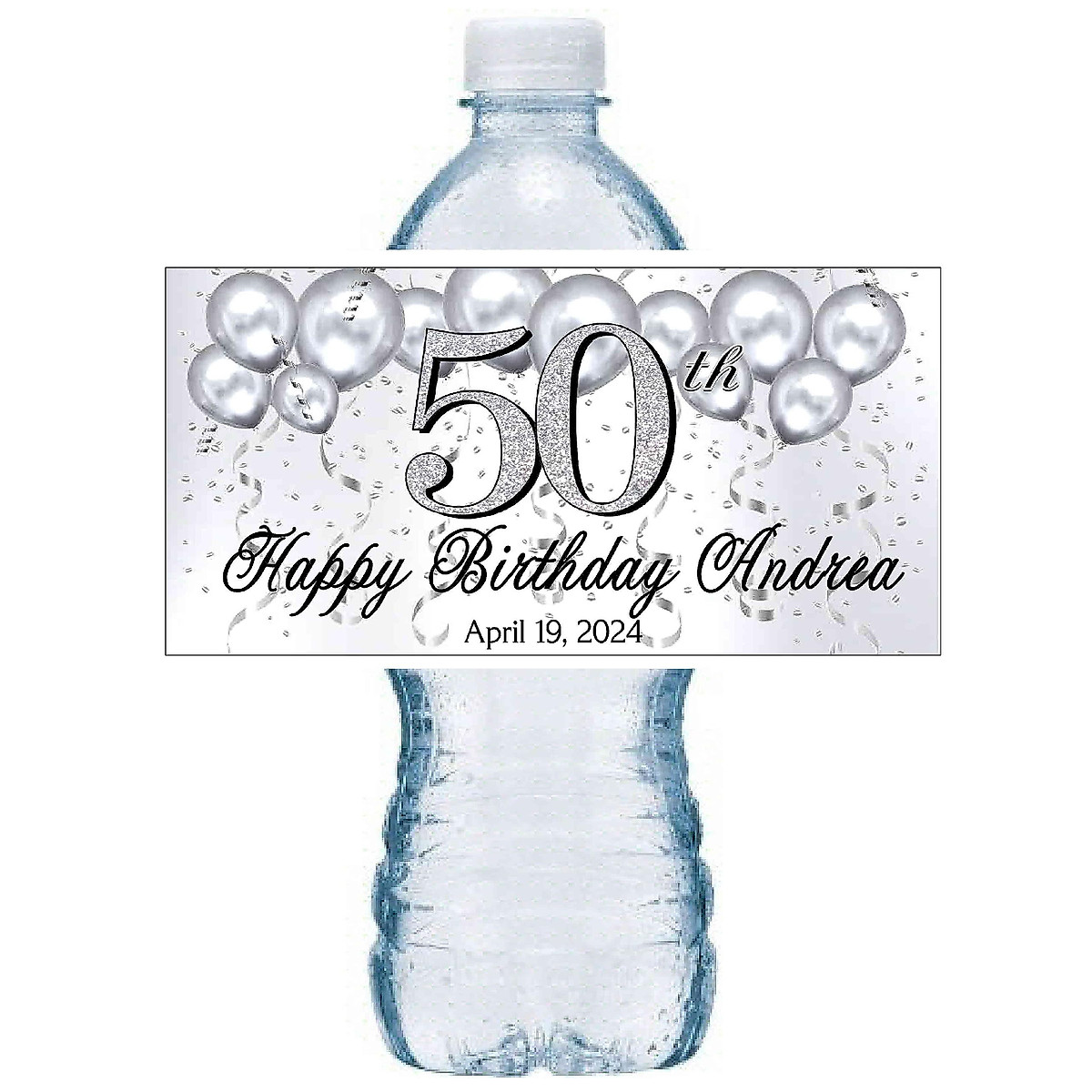 20 ~ SILVER 50th BIRTHDAY PARTY FAVORS PERSONALIZED WATER BOTTLE LABELS - WRAP HALF WAY AROUND