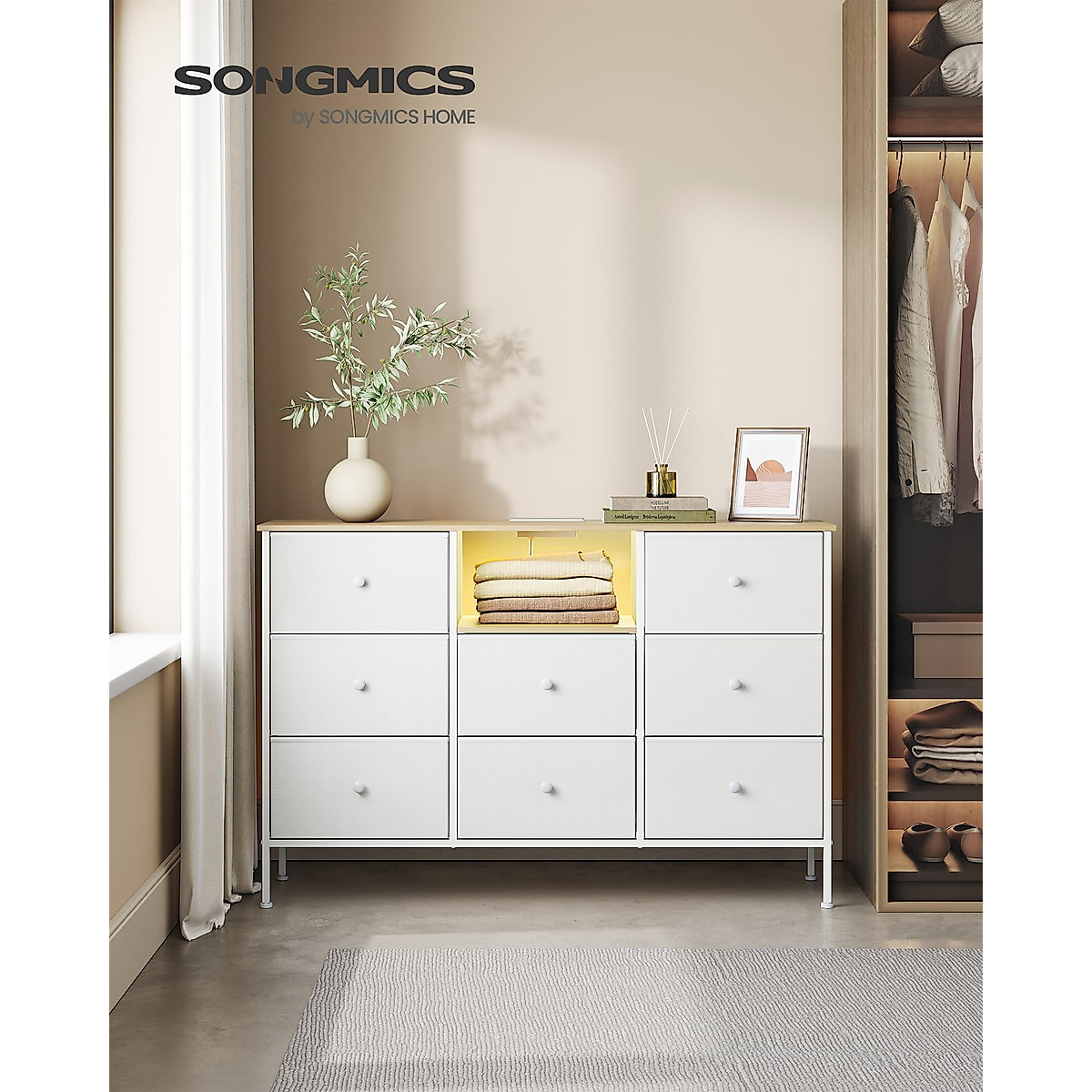 SONGMICS Dresser with Power Outlets and LED Lights, Fabric Chest of Drawers, 25 Colors, 8 Drawers, TV Stand for up to 60 Inch TVs, 11.8 x 47.2 x 31.3 Inches, Cloud White and Oak Beige ULTS518W01