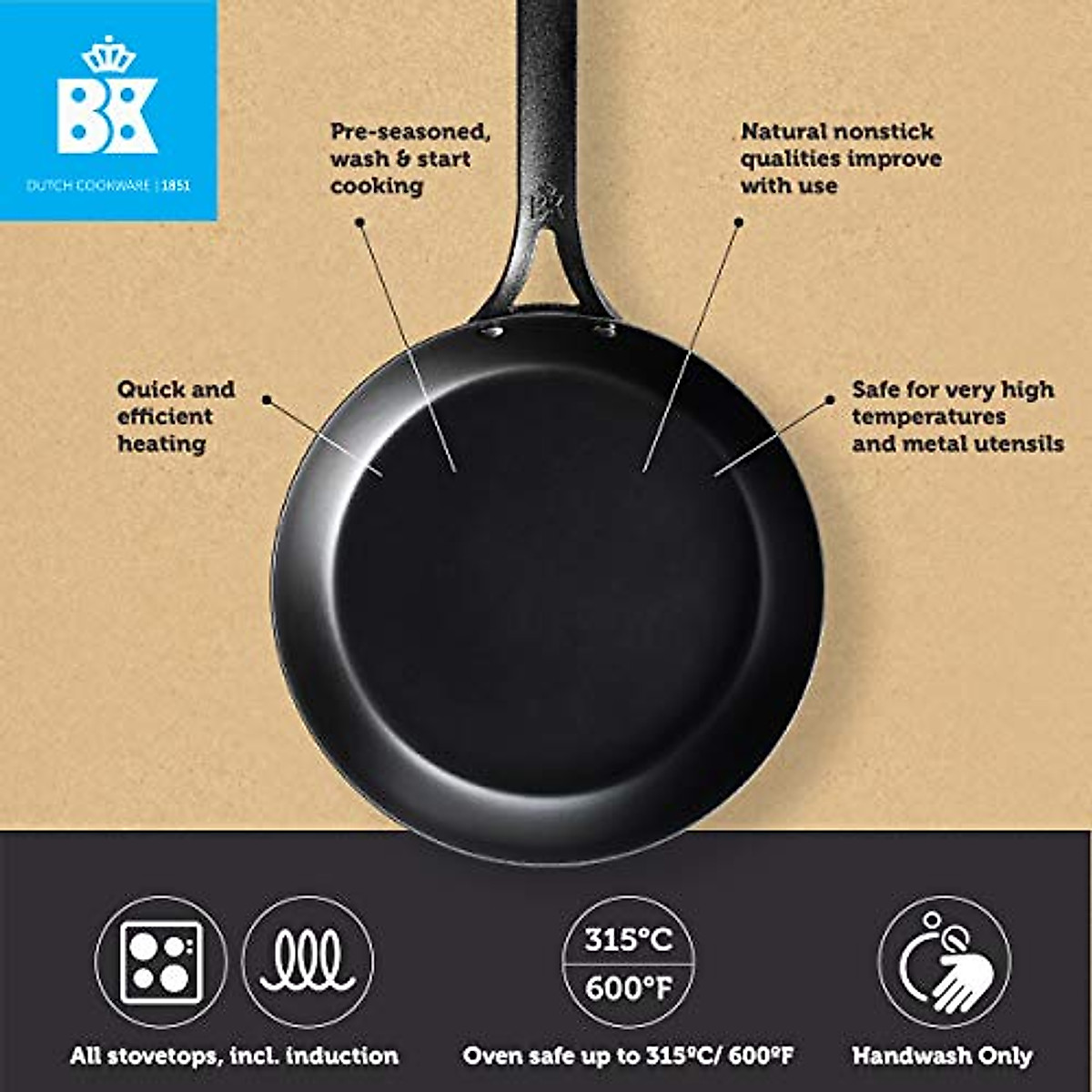 BK Pre-Seasoned Black Steel Carbon Steel Induction Compatible 12" Frying Pan Skillet, Oven and Broiler Safe to 660F, Durable and Professional, Black
