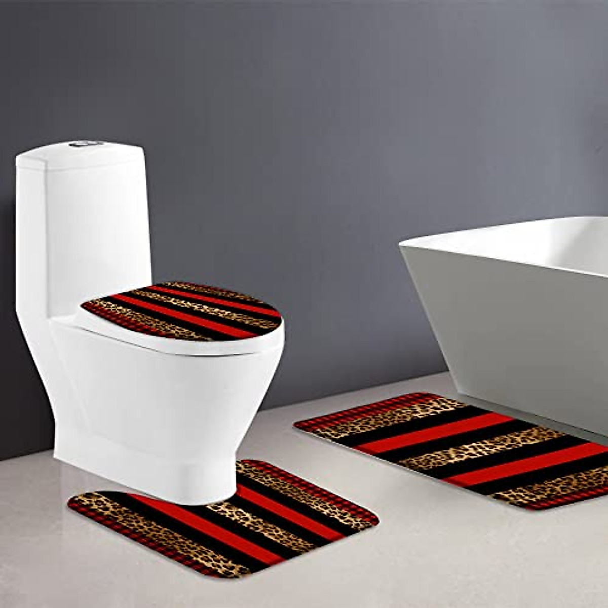Leopard Print 3 Piece Bath Mat Set Red Black Buffalo Check Plaid African Safari Wild Animal Cheetah Powerful Panthera Cat Skin Pattern Splicing Toilet Seat Cover,U Shaped Toilet Mat Bathroom Decor