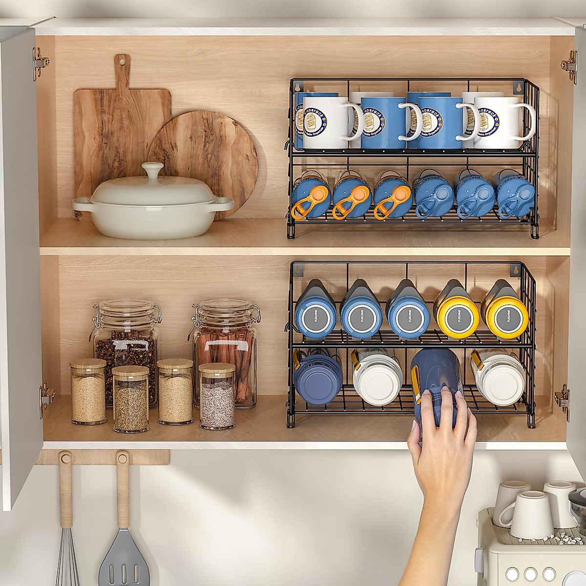 X-cosrack Adjustable Water Bottle Organizer,4-Tier Wall-Mounted Water Bottle Holder, Stackable Water Bottle Storage Rack for Kitchen Countertops,Pantry, Cabinet,Large(Patent No.:US D950,280 S)