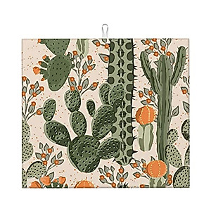 Green Cactus Printed Drying Mat For Kitchen Ultra Absorbent Microfiber Dishes Drainer Mats Non-Slip Silicone Quick Dry Pad - 18 X 16inch