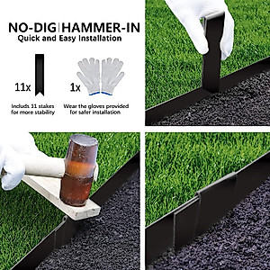 Worth Garden 10-Pack Galvanized Steel Landscape Lawn Edging - 4.5in H Black Powder Coated Bendable Metal Strips - Hammer-in Edging Border w/ 11 Clips - Yard Pathway Divider (33Ft Total)