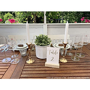 UNIQOOO 5 Pack Wood Table Number Stands | 1/8” Thick Acrylic Sign Holders | Oak Wood Display Stands | Place Card Holder, Perfect for Retail Shop Wedding Dinner Party, Events Decoration, Retail Shop