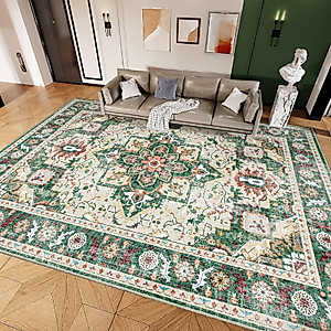 Vamcheer Washable Area Rug - Green Vintage 5x7 Area Rugs for Living Room, Bedroom, Machine Washable Rug Non-Slip Backing, Ultra-Soft Low Pile Carpet