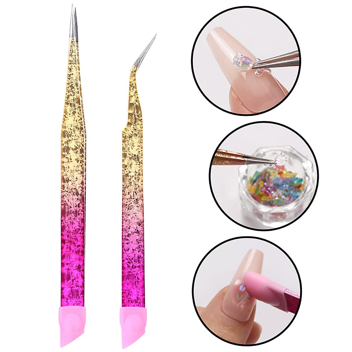 2pcs Double Ended Nail Art Tweezers for Women,Stainless Steel Tweezer Set Straight Tip Curved Tweezers Precision Lash Tweezers for Eyelash Extensions Pointed Tweezers for Crafts Rhinestone Picker Tool