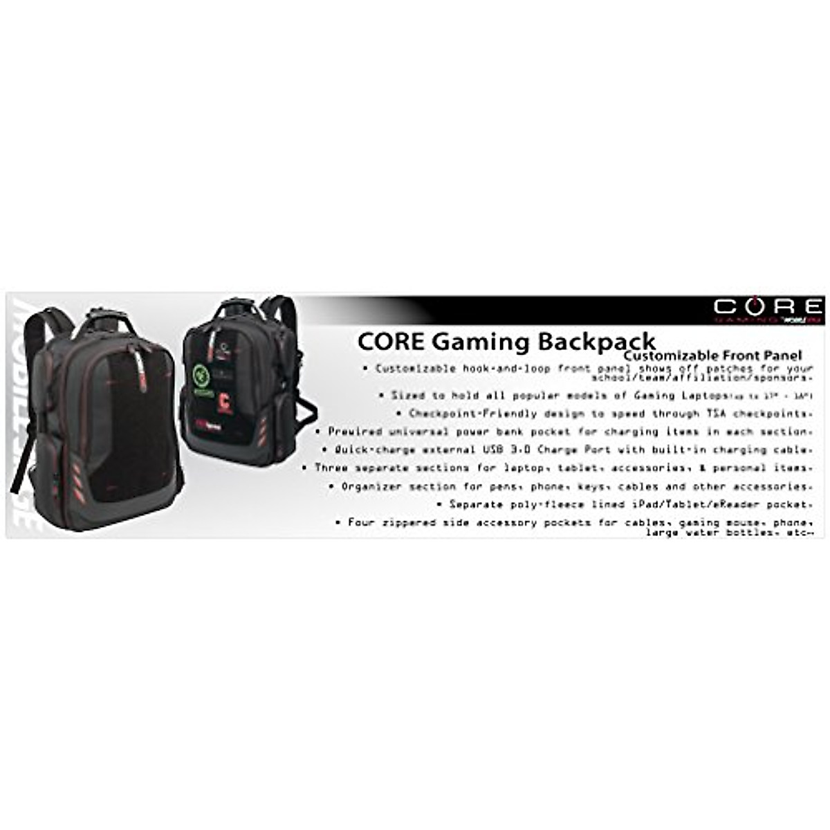 Core Gaming Laptop Backpack From Mobile Edge Core Gaming, 17.3 Inch, External USB 3.0 Quick-Charge Port w/Built-in Charging Cable, Patch Panel - Black w/Red Trim - MECGBPV1