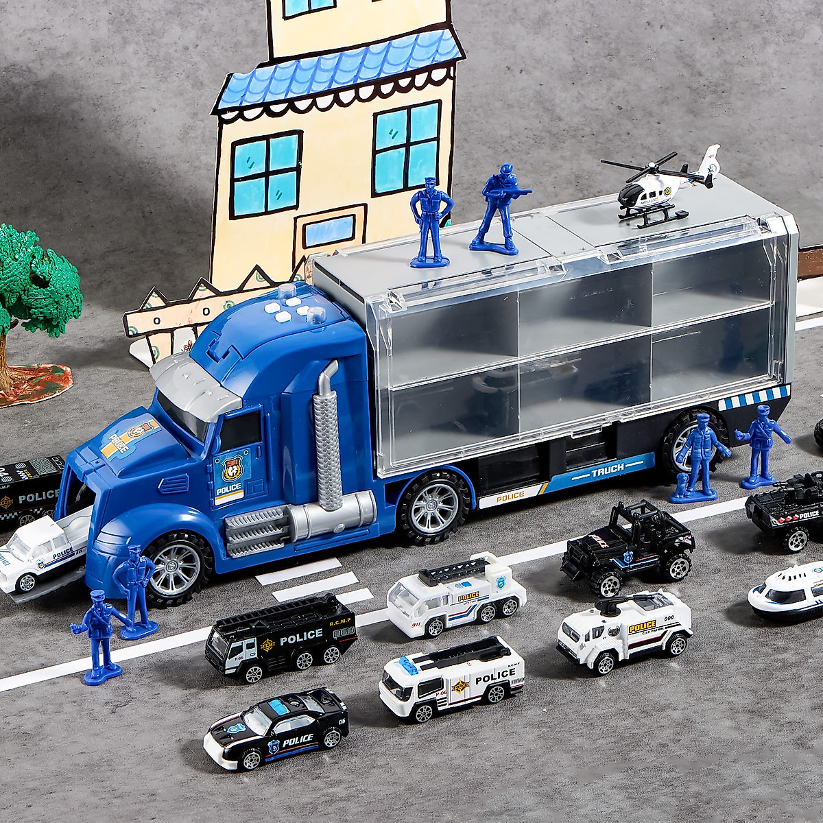 JOYIN 25 in 1 Police Rescue Truck Car Toy Set with Sounds and Lights, Mini Police Vehicles in Carrier Truck, Play Police Patrol Rescue Vehicle Toy, Birthday Gifts for Over 3 Years Old Boys