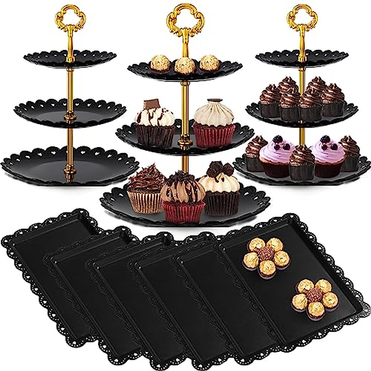 Potchen 9 Pcs Black Dessert Table Display Set Includes 6 Rectangle Cupcake Stand & 3 Round Tiered Serving Tray Cake Holder Plastic Plate Platters for Halloween Baby Shower (Flower Style), Gold