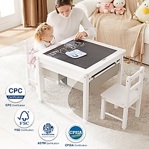 Onirw 3 in 1 Kids Table and 2 Chairs Set with Storage Drawers, Toddler Construction Play Table with Detachable Blocks and Blackboard Tabletop, Compatible with Lego and Duplo Bricks (White)