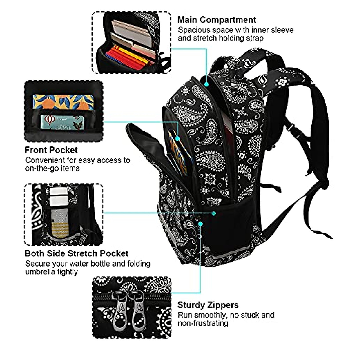 ALAZA Ornament Paisley Bandana Print Black Backpack Purse for Women Men Personalized Laptop Notebook Tablet School Bag Stylish Casual Daypack, 13 14 15.6 inch